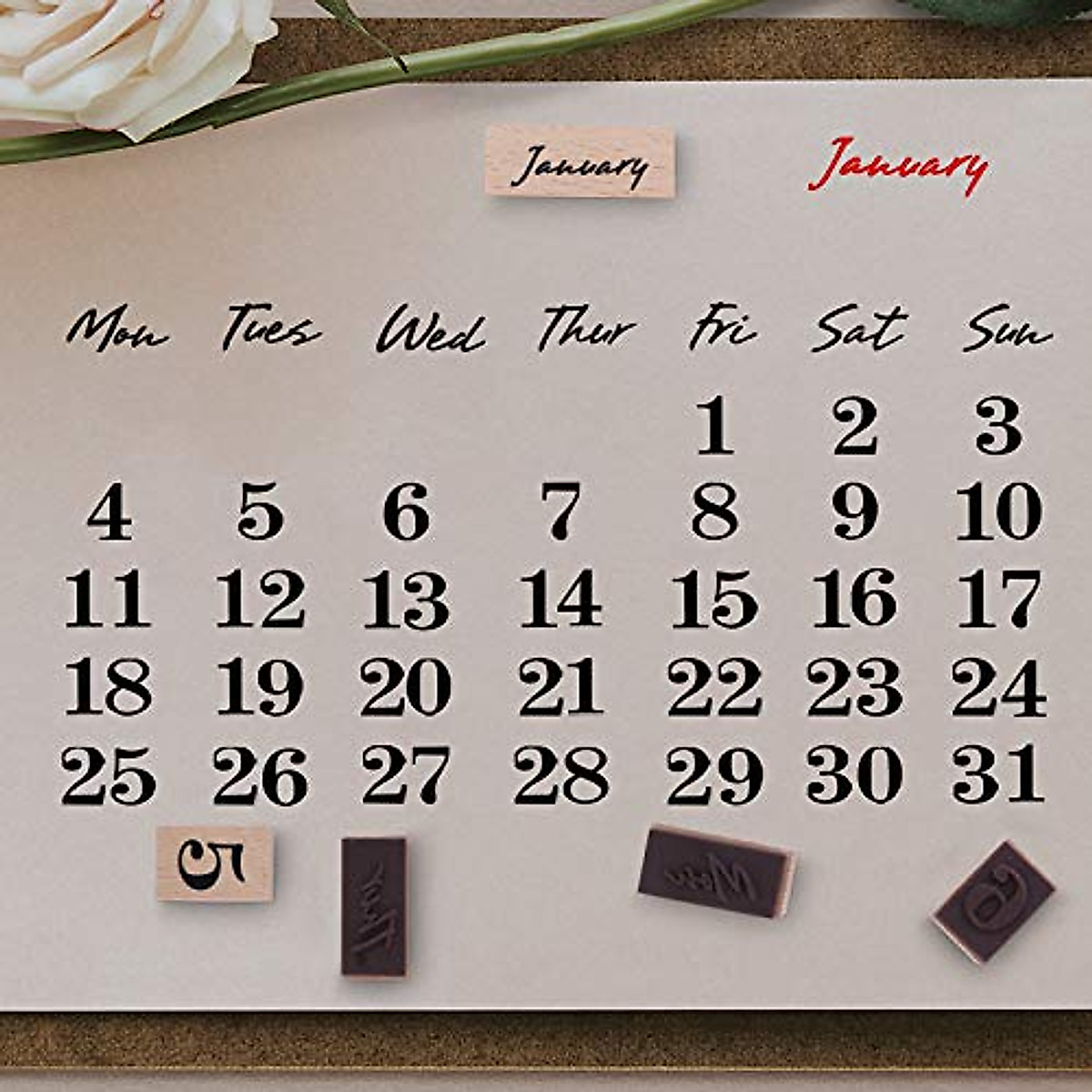 Vintage Wooden Rubber Stamps, Dedoot 52 pcs Date Stamps Vintage Wooden Month Week and Number Stamps for Card Making Painting Teaching