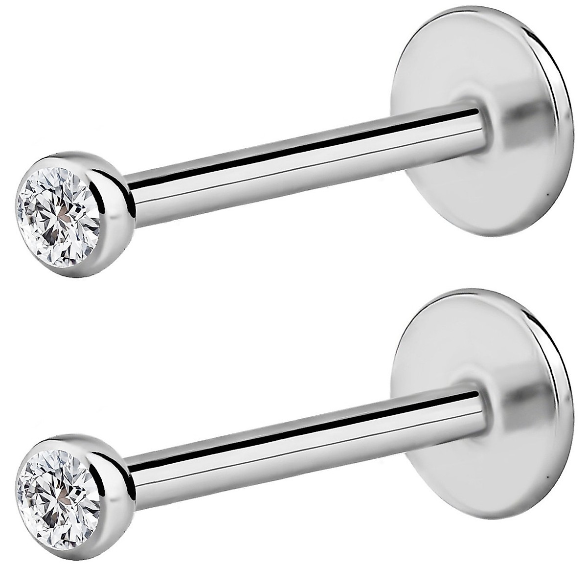 Forbidden Body Jewelry Surgical Steel Internally Threaded Micro CZ Gem Tragus/Labret/Helix Piercing Stud/ 2 Pack: 16G, 10mm with 2mm Top