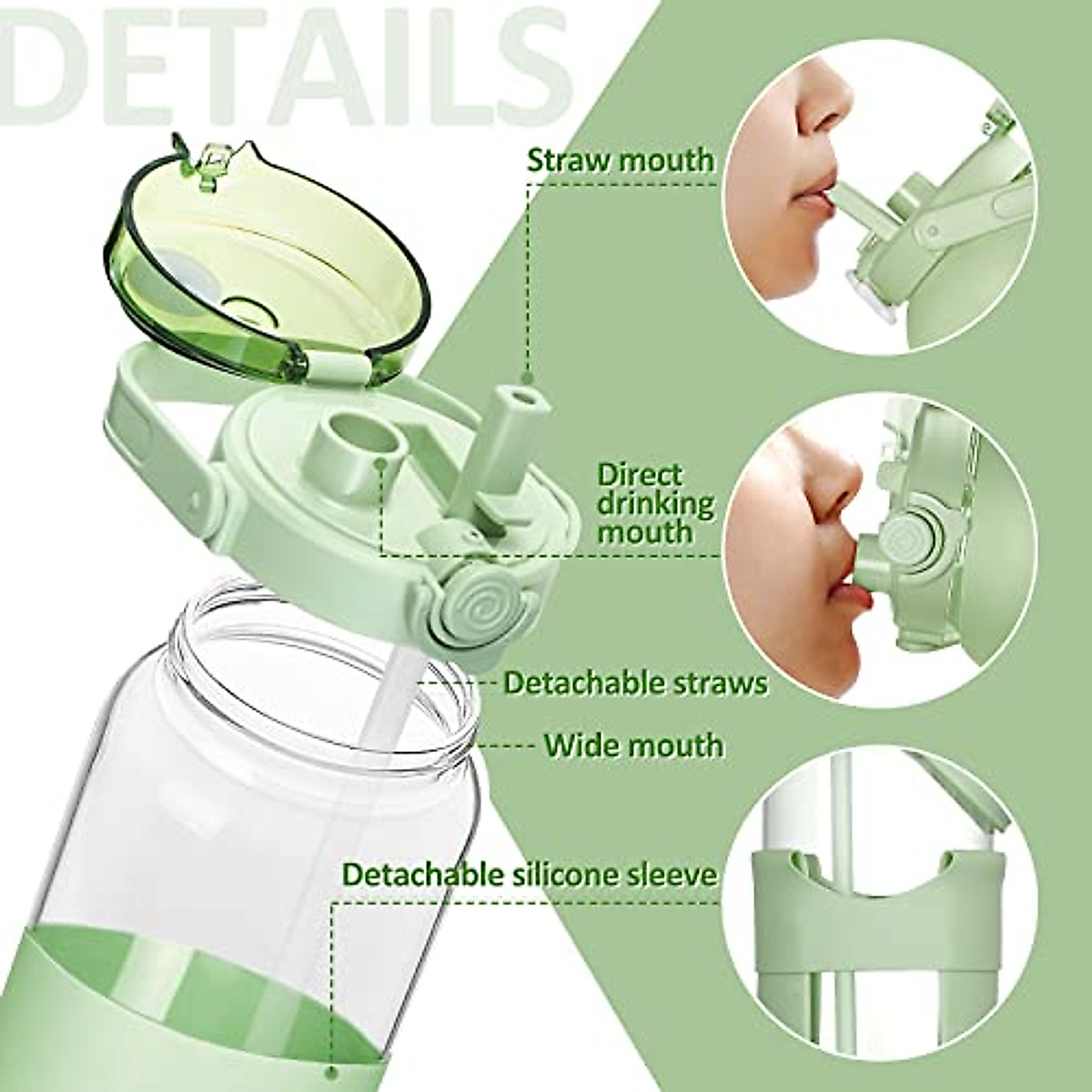 64oz Glass Water Bottles with Straw Time Marker Half Gallon Large Motivational Water Bottle with Silicone Sleeve 2L Big Glass Water Jug Bottle for Gym, Sports, Workout, Daily Green