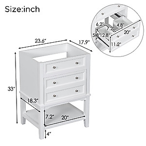 24" Bathroom Vanity Without Sink, Freestanding Bathroom Vanity Base Cabinet Solid Wood Bathroom Storage Cabinet with Drawer and Open Shelf for Small Space, White