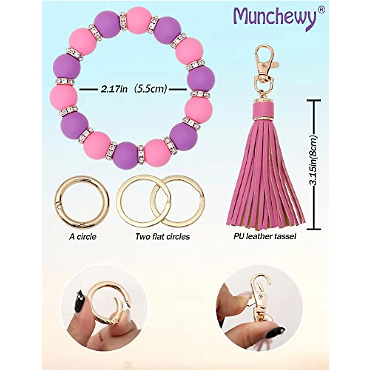 Silicone Key Ring Bracelet for Women, Elastic Beaded Wristlet Keychain Key Holder for Mother’s Day Gift(Grey/Black)