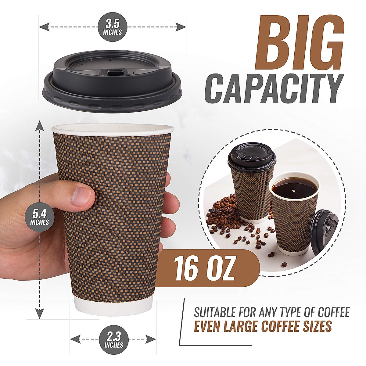 Promora Brown Disposable Coffee Cups With Lids 16 oz, Premium Insulated Paper Ripple Cups for Hot Coffee, Paper Cups 16 oz Coffee Cups 16 oz, Hot Cups With Lids 16 oz, Paper Coffee Cups (80 Pack)