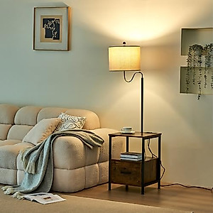 Topotdor Floor Lamp with Table, Wooden End Table Rustic Bedside Nightstand Lamp with Shelves for Living Room Bedroom Home Office, Brown