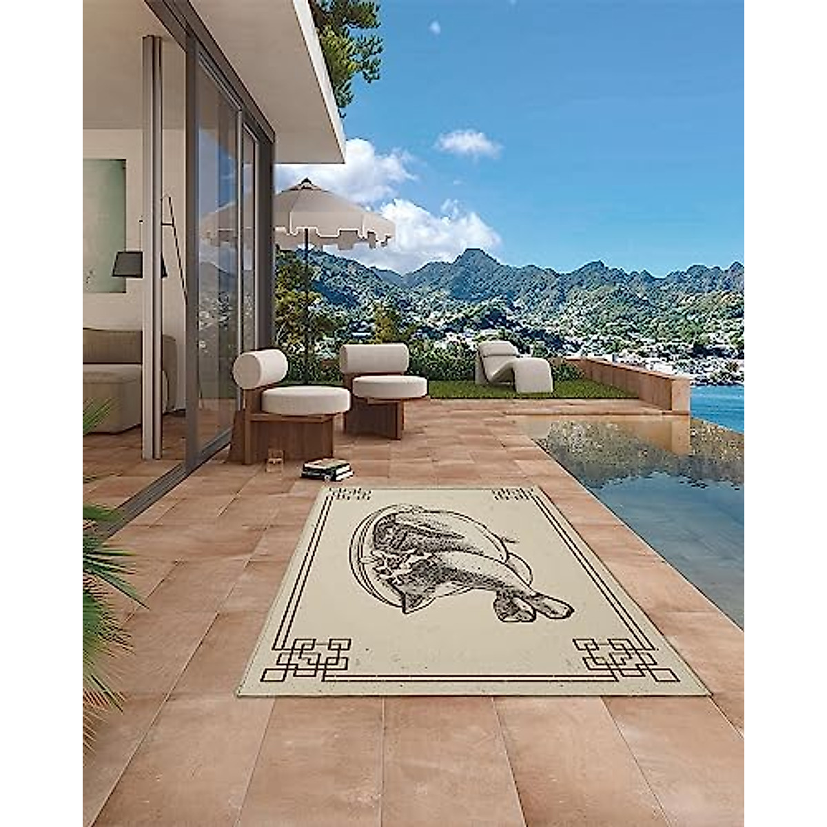 Indoor/Outdoor Area Rug Thanksgiving Turkey Retro Lines Border Carpet for Patio/Backyard/Porch/Deck, Sketch Black Food Camping RV Rugs Mat Water Absorb Non-Shedding Home Floor Pad-4'x6'