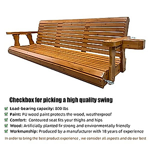 Wooden Porch Swing 3-Seater, Bench Swing with Cupholders, Hanging Chains and 7mm Springs, Heavy Duty 800 LBS, for Outdoor Patio Garden Yard, Brown-5 feet