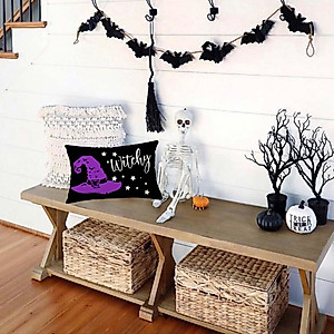 MEHOTOP Halloween Pillow Covers 12x20 Black Background Purple Magic Witchy Hat Throw Pillow Cover Stars Holiday Pillowcase Lumbar Pillow Case Seasonal Decorative Cushion Cases Home Sofa Couch Decor