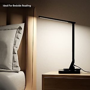 Fugetek LED Desk Table Lamp, 14W, 530 Lumens, Wireless Charger & USB Charging Port, Dimmable Eye-Caring, 5 Brightness & 4 Light Modes, Adjustable Arms, Touch Control, Auto Sleep Timer