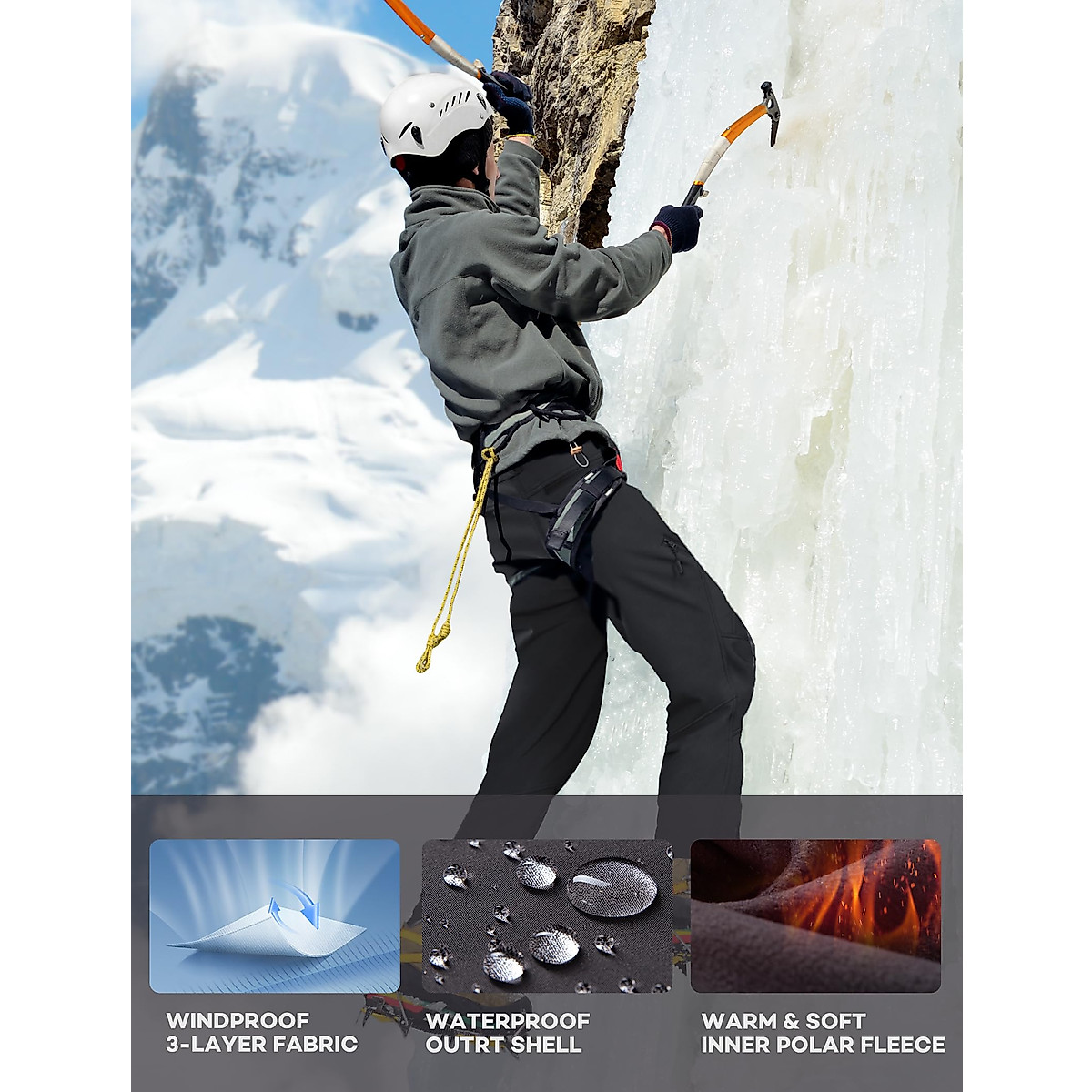 Stlight Mens Snow Ski Water Repellent Softshell Pants for Winter Hiking Fleece Lined Bottom Leg Zipper with 6 Zip Pockets(Black 34W/30L)