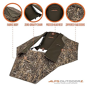 ALPS OutdoorZ Zero-Gravity Layout Blind - Advanced Hunting Blind in Realtree MAX-7, with Flared Fabric, Heavy-Duty Stakes, Padded Seat & Headrest, Gear Pockets, and Backpack Straps