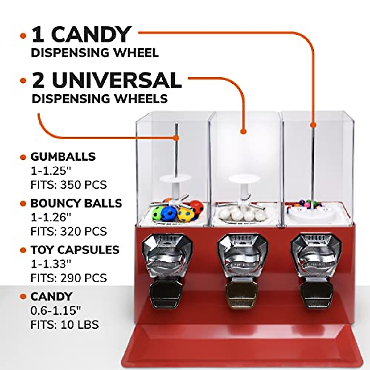 Vending Machine - Commercial Gumball and Candy Machine with Stand - Red Triple Vending Machine with Interchangeable Canisters - Coin Operated Candy Dispenser and Gumball Machine - Vending Dispenser