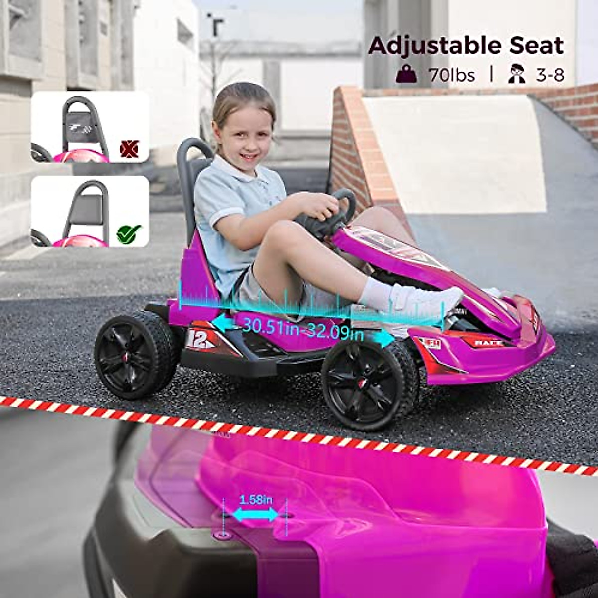 ELEMARA Electric Go Kart for Kids, 12V 2WD Battery Powered Ride On Cars with Parent Remote Control for Boys Girls,Vehicle Toy Gift with Adjustable Seat,Safety Belt,MP3,Horn,Music,Pink