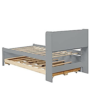 HomSof Twin Bed with Twin Trundle,with Bookcase and 3 Drawers,Grey