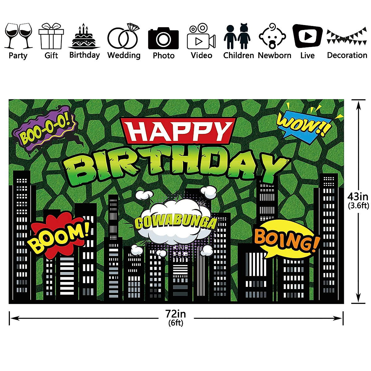Yriujul 72x43inch Fabric Ninja Superhero Birthday Backdrop Green Comics Cityscape Buildings Photography Background Boy Kids Party Decorations Photo Banner Props