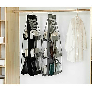 kamuavni 2 Pack Handbag Hanging Organizer,Thickened Non-Woven Fabric+PVC Pockets Hanging Purse Organizer Handbag Storage Hanger Organizer,Wardrobe Closet Space Saving Organizers (Black+Grey)
