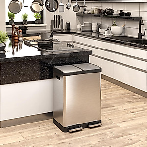 iTouchless SoftStep 16 Gallon Dual Compartment Trash Can Recycler, 61 Liter Stainless Steel 2 x 8 Gallon Color Coded Removable Inner Buckets, Soft and Gentle Open/Close Lid