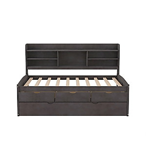 Harper & Bright Designs Twin Captain's Bed with Trundle and Three Storage Drawers, Wooden Twin Size Daybed Frame with Built-in Bookshelves for Girls Boys,Antique Gray