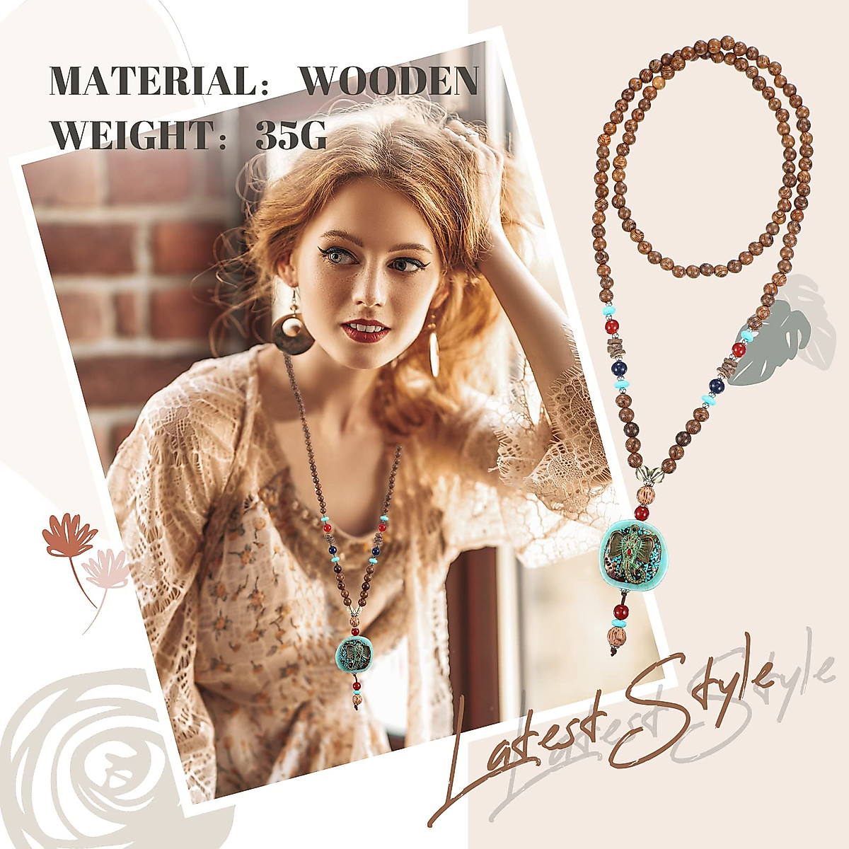 3 Pcs Boho Long Pendant Necklaces for Women Boho Long Wooden Beaded Necklace Handmade Turquoise Fish Elephant Necklace Boho Jewelry with Storage Bag for Women(Exquisite Style)