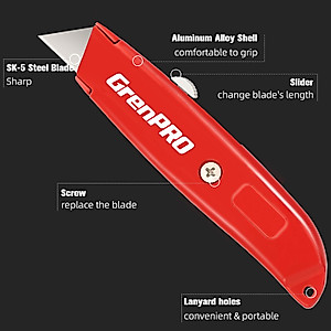GRENPRO 12 Pack Utility Knife, Portable Box Opening Knife, Retractable Blade SK5 4 Color Heavy Duty Aluminum Shell Utility Knife for Cartons, Cardboard and Boxes，Extra 20PCS Trapezoid Blades Included