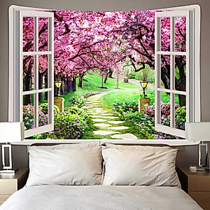 Japanese Cherry Blossom Window Tapestry Tree Forest Path Pink Flowers Window Tapestry Botanical Floral Natural Landscape Aesthetic Tapestry for Living Room Bedroom Nursery Home Decor 60x40Inches