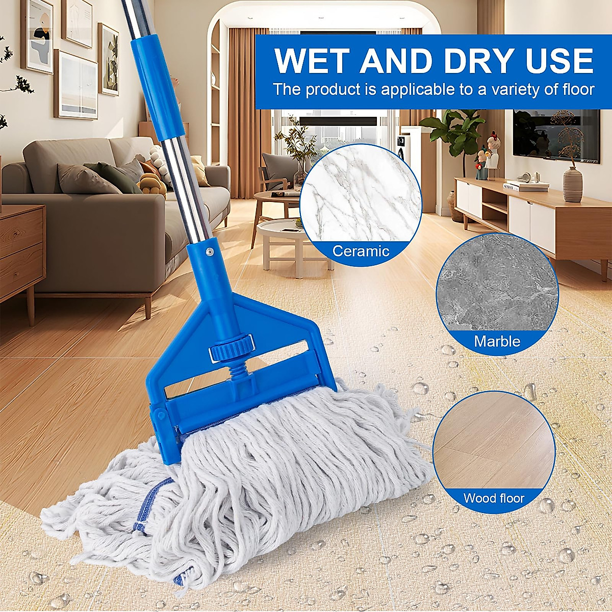 KeFanta Commercial Mop 60 inch Heavy Duty Industrial Wet Mops with Long Handle,Looped-End String Cotton Mop for Home, Kitchen,Garage,Office and Concrete/Tile Floor Cleaning