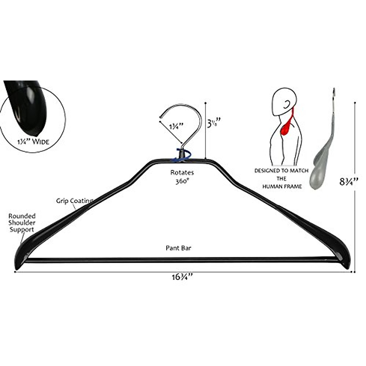 Mawa by Reston Lloyd BodyForm Series Non-Slip Space-Saving Clothes Hanger with Bar for Pants, 16-1/2", Style 42/LS, Set of 5, Black