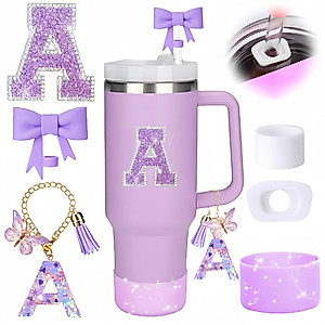 MOTEERLLU 6pcs Stanley Cup Accessories Set,Bow Straw Cover for Stanley Cup 30oz 40oz, Including Straw Topper,Spill Proof Stopper,Sparkly Silicone Boot Set,Handle Charm,Initials Sticker (A)