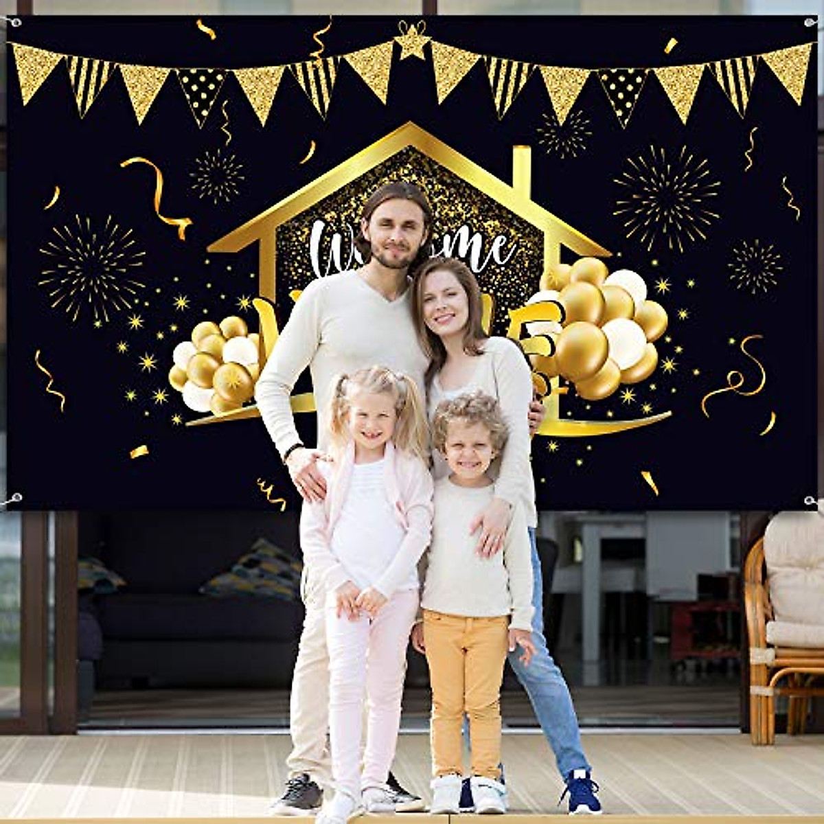 Welcome Home Backdrop Banner | Black Gold Party Decorations