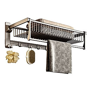 WANLIAN Bathroom Towel Rack, Foldable Double Towel Rack 20Inch with Towel Bar and 7 Bathroom/Kitchen Hooks, Thickened Space Aluminum Towel Rack Wall Mount (Gun Ash-Folding Mesh Basket Towel Rack)