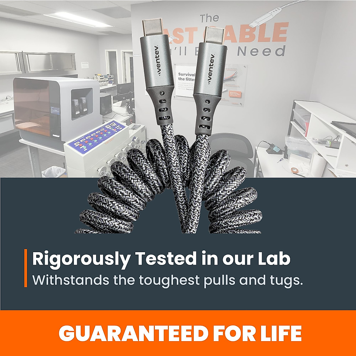 Ventev Helix 3ft Expandable USB C to USB C Cable | Fast Charging Cable for iPhone 16/16 Pro/15, MacBook, iPad Pro, Pixel 9, Samsung S25 | No Tangle Cord for Fast Charger, Crafted for The Car, Gray