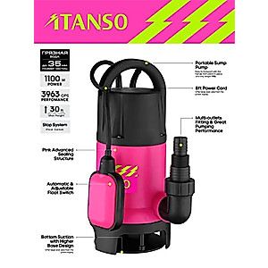iTANSO Submersible Sump Pump, 1.5HP 3960GPH , for Swimming Pool, Garden Tub, Pond, Flood Drain, Irrigation in Clean or Dirty Water, with Float Switch and 16ft Cable
