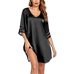 Ekouaer Satin Nightgown for Women Boyfriend Plus Size Night Gowns V Neck Sleep Shirts Loose Sexy Sleepwear Dress Black