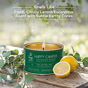 Happy Camper 12 oz Citronella Candle, All Natural with Beeswax and Coconut Oil, Camping Essentials and Bug Spray Alternative, Citronella Candles Outdoor Decor, 26 Hour Burn Time