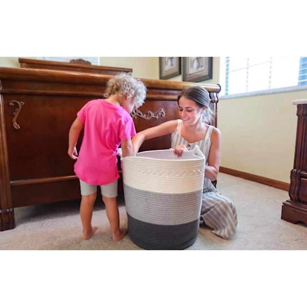 Cotton Rope Basket - 17.8" x 15.8" x 13.8" woven baby laundry basket - Woven Basket Nursery Bin - large baskets for blankets- thread laundry hamper - woven storage basket- rope baskets for organizing