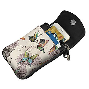 Beabes Vintage Flying Butterflies Crossbody Cell Phone Purse Flower Oriental Floral Botanical Art NatureWallet Handbag