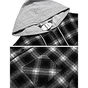 HOTOUCH Hooded Flannel Shirt Women Plaid Top Shacket Button Up Long Sleeve Blouse Lightweight Cotton Tunic Outfit Black L