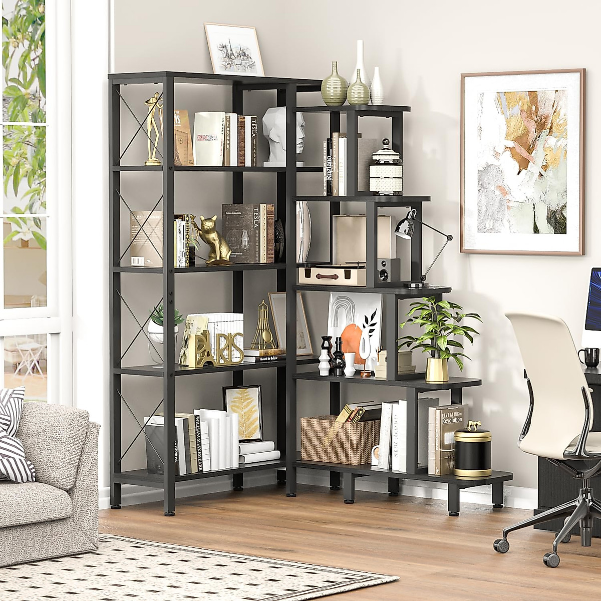 PONROL Corner Bookshelf Bookcase, Large Reversible 5 Tier Ladder Shelves Storage Display Rack with Metal Frame, Industrial Home Office Furniture for Living Room Bedroom, Black