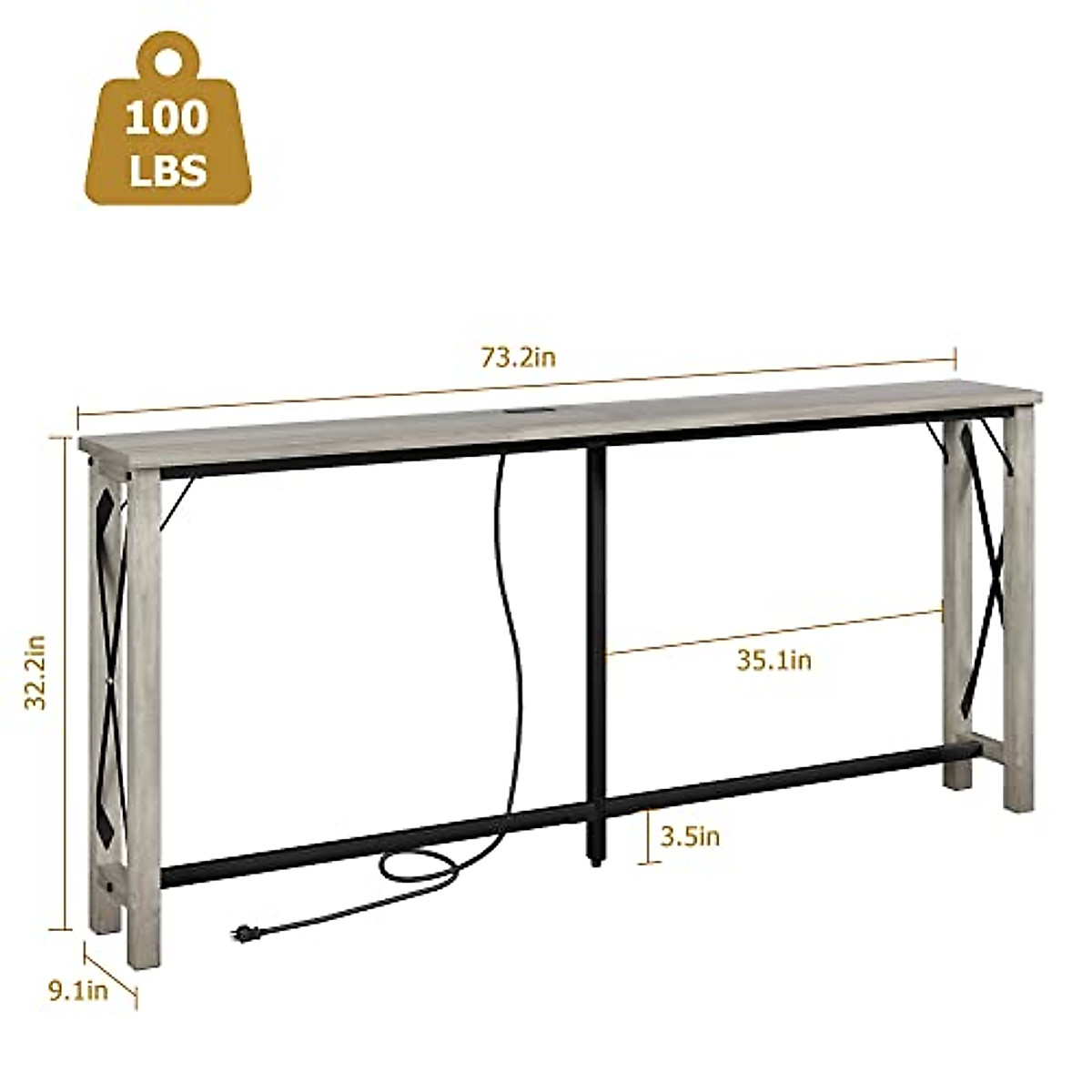 IDEALHOUSE Sofa Tables Narrow Long, Extra Long Console Table with Outlets, 73.2" Behind Couch Table, Grey Farmhouse Entryway Table for Living Room, Hallway, Foyer