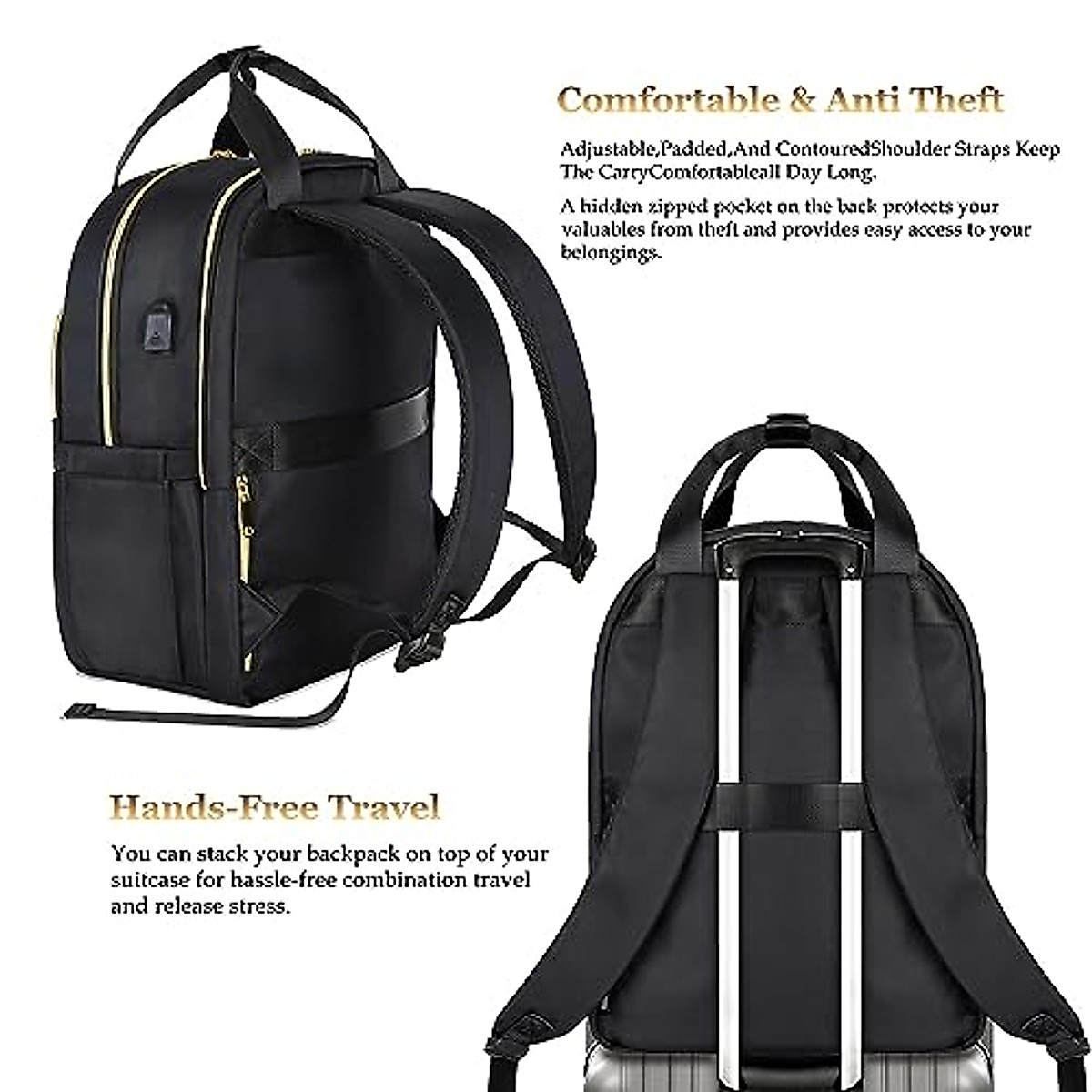 Backpack for Women, Travel Laptop Backpack, School Backpacks for Teens, Large College School Bookbag with USB Port Charging,15.6 Inch Computer Work Bag, Gifts for Women, Casual Daypacks, Black