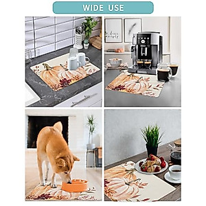 Thanksgiving Pink Orange Pumpkin Coffee Mat Coffee Maker Mat,Super Absorbent Coffee Bar Accessories,Watercolor Flower Leaves on Linen Non-slip Coffee Station Mat Dish Drying Pad,18x28in