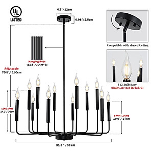 WOKNOS Modern Black Farmhouse Chandeliers, 12-Light Industrial Metal Chandelier Lighting, Classic Candle Hanging Pendant Light Fixtures for Living Room, Dining Room, Kitchen, Bedroom, Entryway-UL