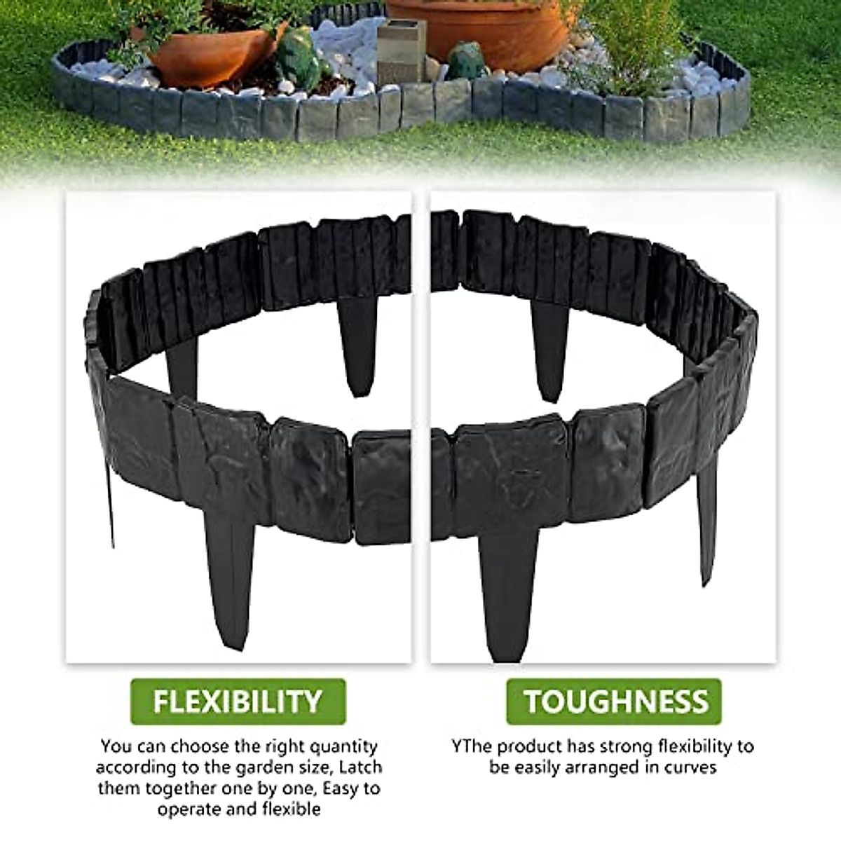 Garden Edging Border, Garden Landscape Edging Borders for Flower Bed, Black Stone Effect Plastic Lawn Edging Fencing | No Dig Landscape Edging | 20 Pcs | 16 Ft | (Black)