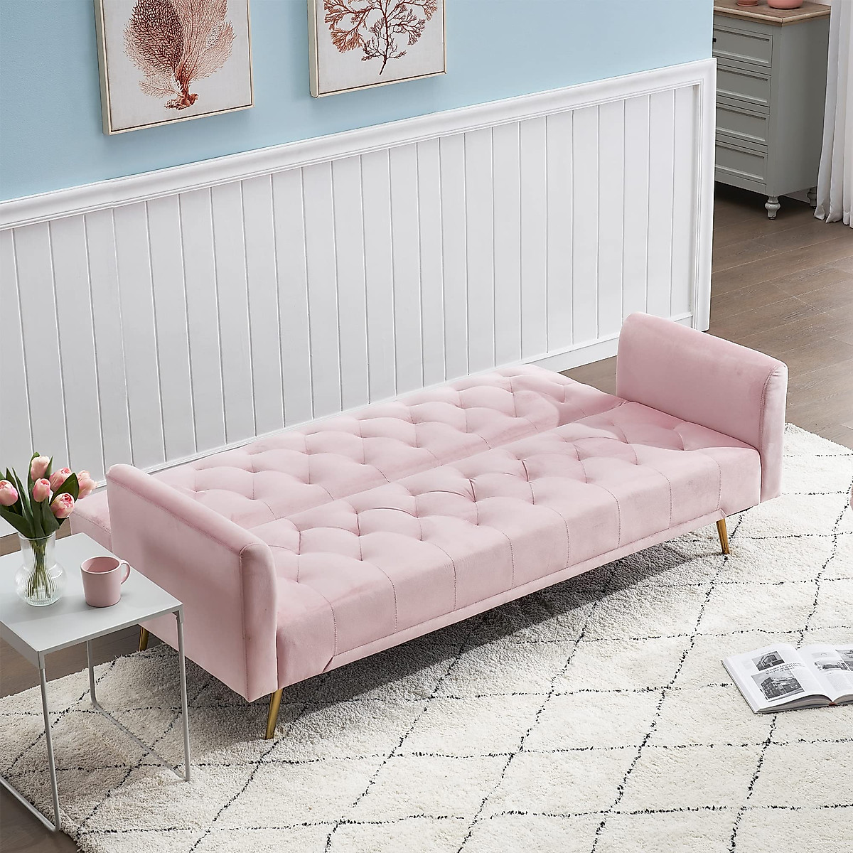 Anwickhomk 71" Modern Velvet Futon Sofa Bed, Convertible Double Sleeper Loveseat,Folding Recliner Couch with Adjustable Backrest/Armrests/Metal Legs for Living Room and Small Space (Pink)