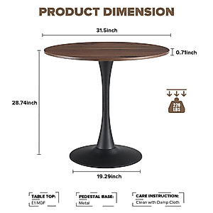 Ufurpie Round Dining Table for 2-4 People, 31.5" Kitchen Dining Table with Walnut Tabletop and Pedestal Base, Mid-Century Tulip Table for Small Space Home Office Living Room Kitchen Leisure, Walnut