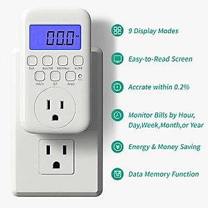 HBN Watt Meter Plug with Backlight, Plug-in Socket Power Meter Electricity Usage Monitor Consumption Home Electrical Energy Monitor, Voltage Amps Wattage Electricity Usage Tester, 9 Display Modes