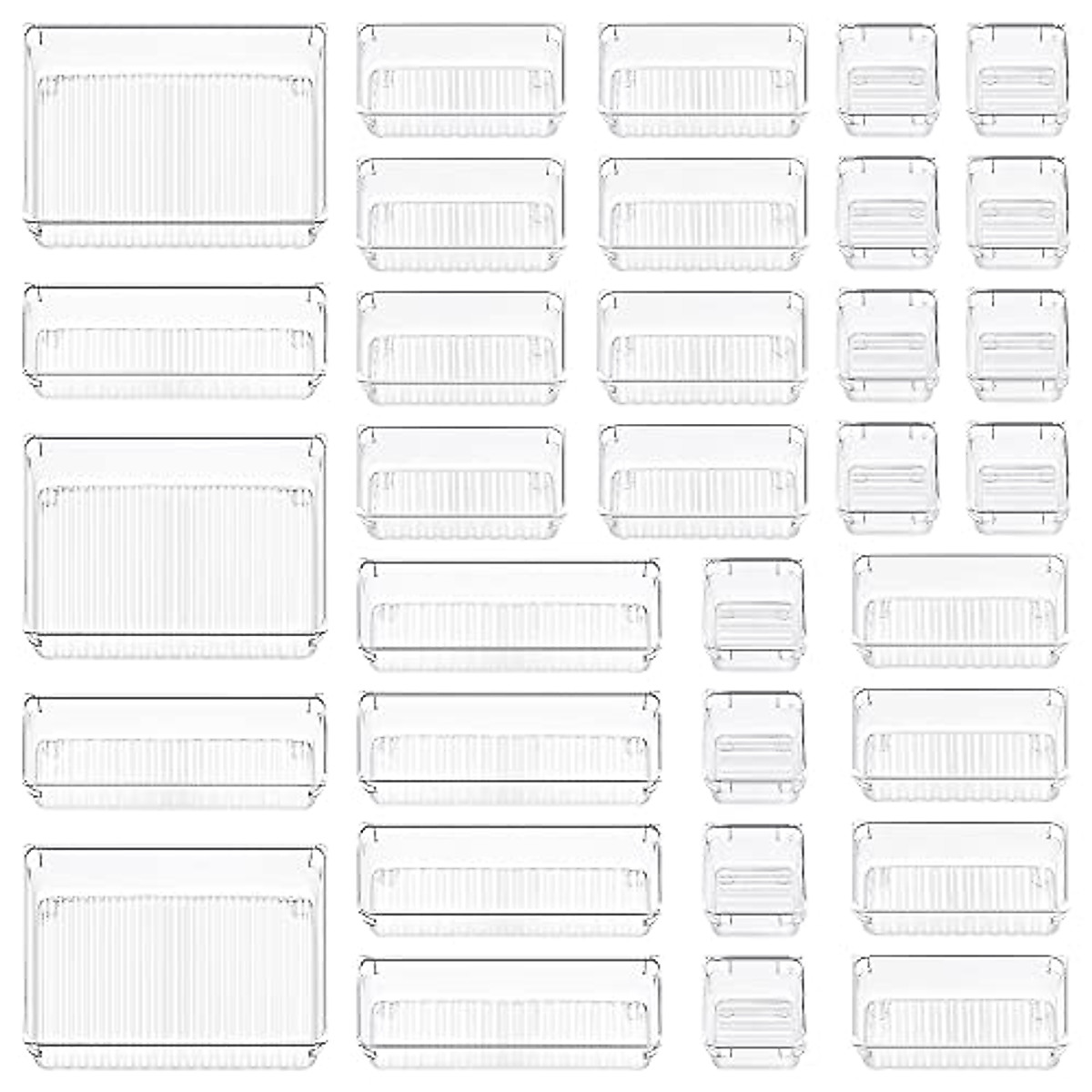 CHEFSTORY 33 PCS Clear Drawer Organizers Set, 4 Sizes Plastic Vanity Desk Drawer Organizers Trays and Storage Bins with Non-slip Silicone Pads for Makeup,Bathroom and Kitchen