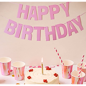 Prestrung Pink Happy Birthday Banner - Pink Happy Birthday Sign Garland Bunting Party Banner, Pink Birthday Decorations for Girls & Women