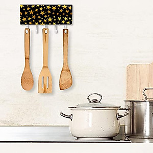 Leather Hook Rack Rail Wall Mounted, Black Background with Golden Stars Coat and Hat Self Adhesive Hooks up for Hanging Pant Towel Key Purse Kitchenware