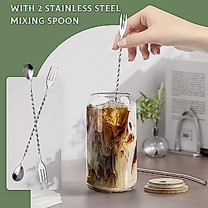 4 PCS Glass Cups with Bamboo Lids and Glass Straws and Stainless Steel Stirring Spoon. 16 Oz Can Shaped Ice Glass Coffee Cups, Drinking Glasses and Beer Glasses and for Whiskey, Tea, Soda, Water