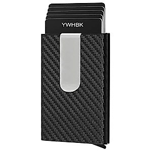 YWHBK Men Credit Card Holder, Metal Money Clip,Carbon Fiber Leather Slim Wallets for Men, Mens RFID Blocking Auto Pop up Front Pocket Small Card Case Wallet (black)