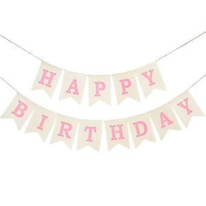 Burlap Happy Birthday Banner, Assembled Reusable Pink Happy Birthday Sign for Rustic Birthday Party Decorations